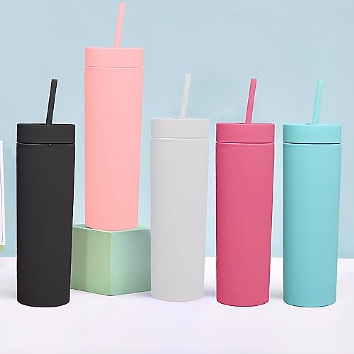 Skinny Tumblers with Lids and Straws Bulk.Matte White Slim Tumbler Cups with Straws.22 oz Plastic Pastel Double Walled Acrylic Skinny Tumbler Set for Smoothie Ice Coffee.Customizable DIY Gift.