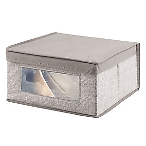 mDesign Medium Fabric Stackable Closet Storage Organizer Box with Front Window/Lid for Bedroom, Office, Mudroom Organization, Hold Clothes, Blankets, Linens, Lido Collection, 2 Pack, Linen/Tan