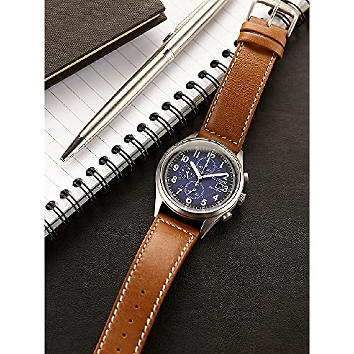 Citizen Men's Eco-Drive Weekender Garrison Chronograph Field Watch in Stainless Steel with Brown Leather strap, Blue Dial (Model: CA0621-05L)