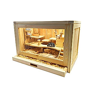 Rubor Hamster Cage Wooden Hamster Cages and Habitats for Dwarf Hamster, Guinea Pig, Chinchilla, 2-Tiers with Shelf and Ladder, Openable Top, Pull-Out Tray, Natural Wood