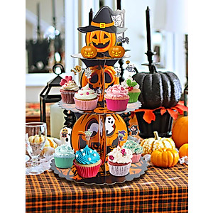 JROYJOY 3 Tier Halloween Cupcake Stand, Cupcake Tower with 16 Pcs Pumpkin Cupcake Toppers, Cake Stand for Dessert Table, Cupcake Display Stand for 24 Cupcakes Party Supplies Halloween Decorations