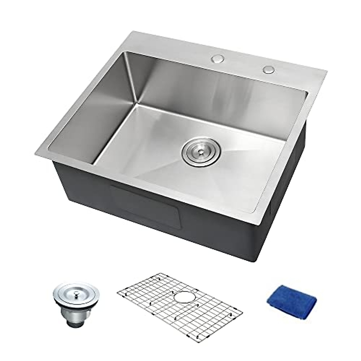 WHISTLER 25x22 inch Handmade Topmount Sink Drop-In 16 Gauge Stainless Steel Single Bowl Kitchen Sinks with 2 Holes for Faucet & Soap Dispenser, Basket Strainer,Bottom Grid and Kitchen Towel