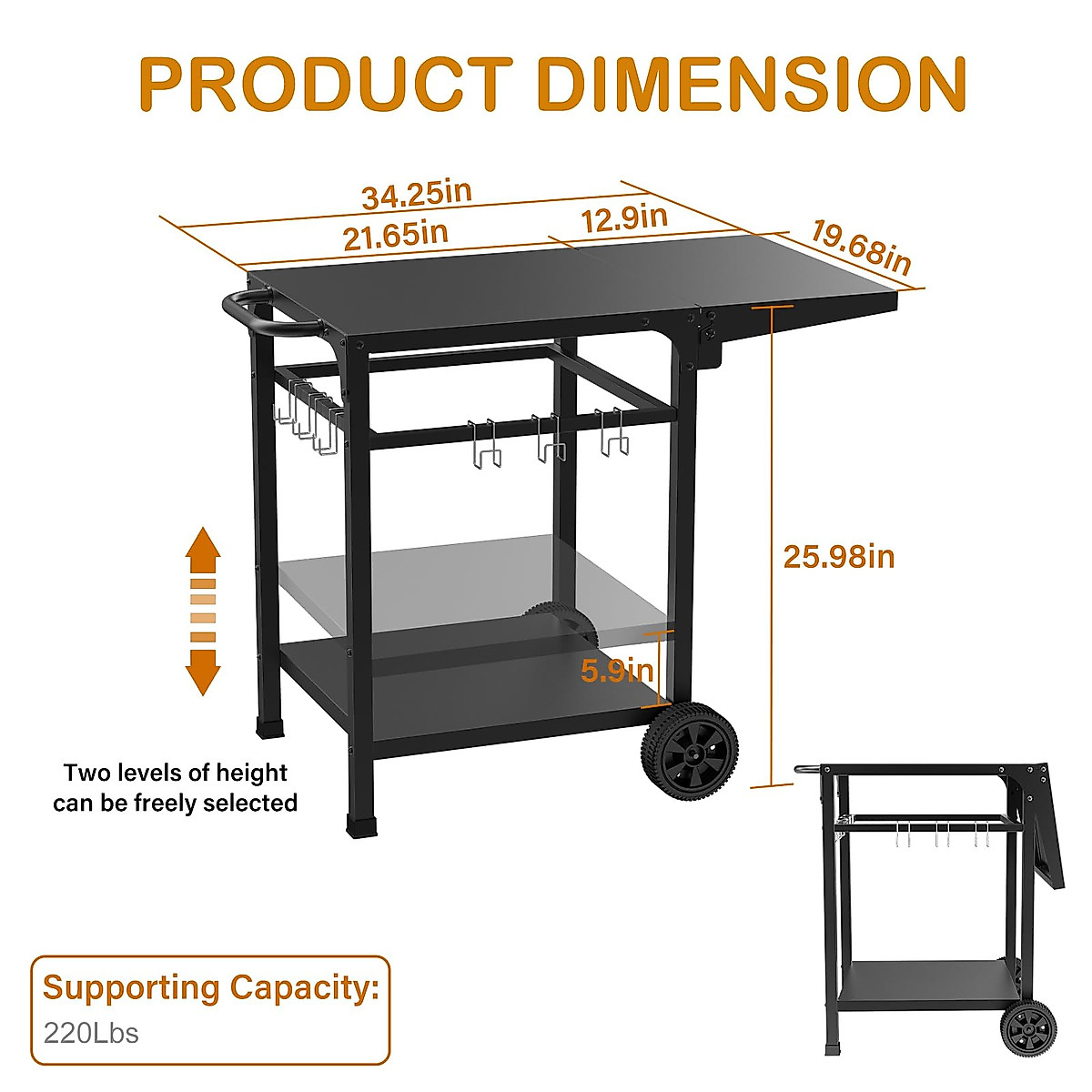 Blomed Dining Cart Table with Double-Shelf, Grill Cart with Wheels, Movable Steel Flattop Worktable, 6 Hooks, Side Handle, BBQ Cart Pizza Oven Stand