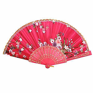 DUO ER Folding Fan Vintage Chinese Style Hand Held Fans Lace Silk Folding Fans Handheld Folded Fan for Church Party Dance Wedding Gift (Color : Hot Pink)