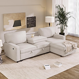 Merax 89" Convertible Sleeper Sectional Sofa with Pull-Out Bed,Upholstery Sleeper Sofa Storage Chaise,USB Port and 2 Cupholder,L Shaped Corner Sectional Sofa Couch for Living Room