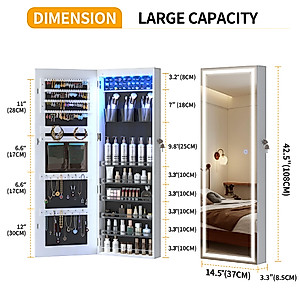LVSOMT LED Mirror Jewelry Cabinet, Wall/Door Mount Jewelry Organizer Armoire with Lights, Full Length Mirror with Jewelry Storage, Over the Door Hanging Jewelry Cabinet (White)