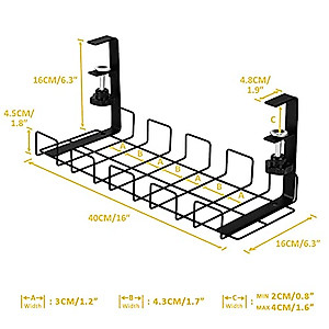 Baskiss Under Desk Cable Management Tray 2 Packs, 16" Under Desk Cord Organizer with Clamp Mount for Wire Management, Metal Wire Cable Holder for Desks, Offices and Kitchens, No Need to Drill Holes