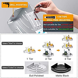 BESy Shower Corner Caddy Bathroom Shower Corner Shelf with Two Hooks, Self Adhesive with Glue or Wall Mount with Screws,Heavy Duty Aluminum 2 Tier Storage Shelves Triangle Baskets,Dull Polished Silver