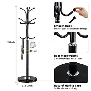 Snaikor Metal Coat Rack Freestanding, Sturdy Coat Rack Stand with Natural Marble Base, Coat Racks Tree Hats Hanger Holder Stand for Entryway, Hallway(12 Hooks)