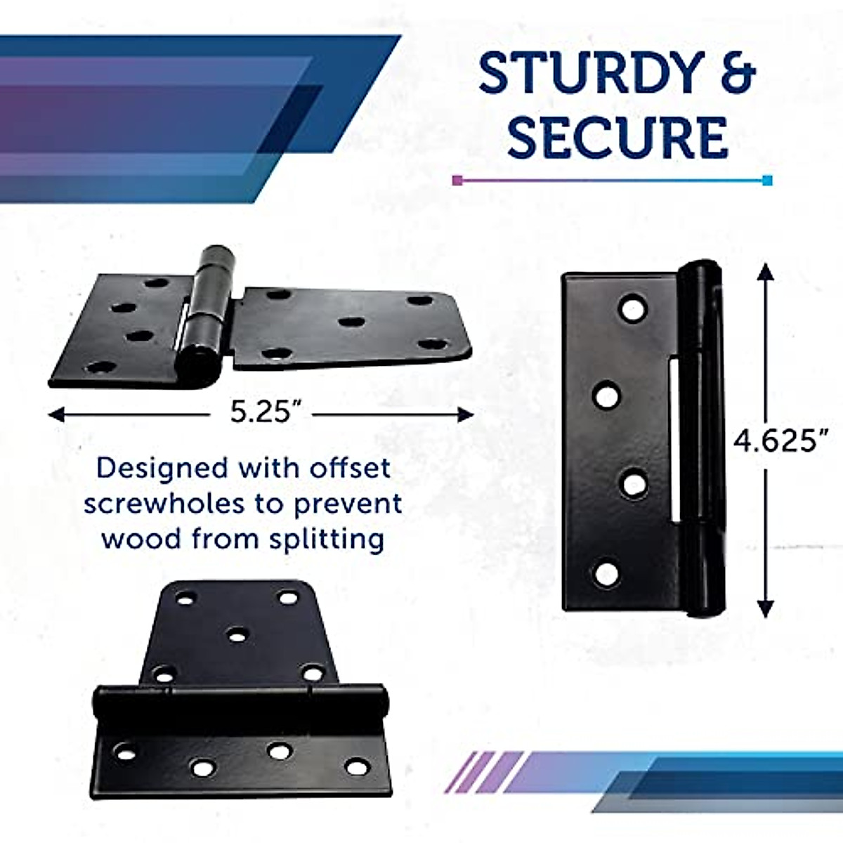 Heavy Duty Hinges for Gates (4 Pack) – Black Iron Tee Strap Black Door Hinges w/ 36 Stainless Steel Screws – Sturdy, Easy to Install Fence Gate Kit for Outdoor, Indoor - Self Closing Gate Hinges