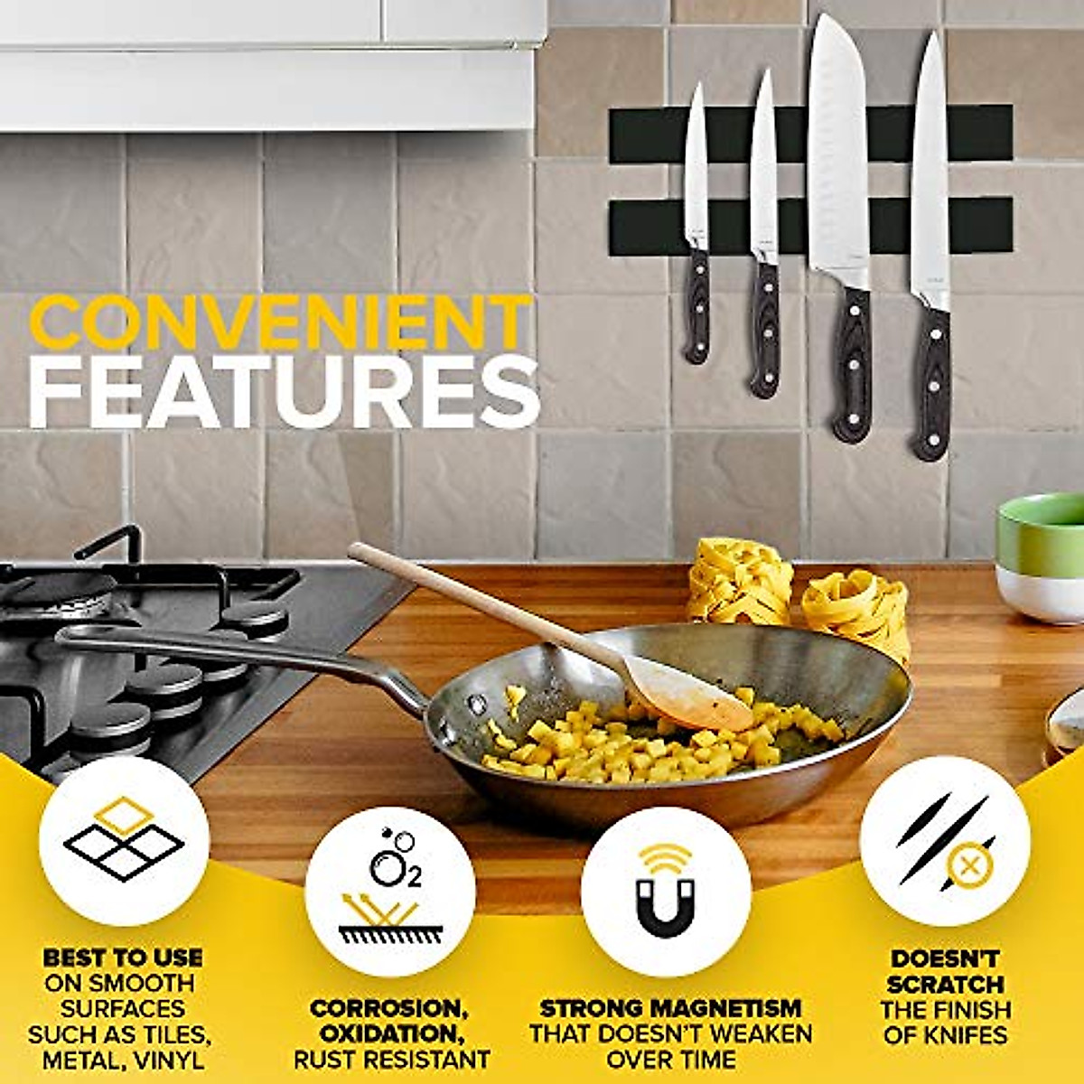 Adhesive Magnetic Strip for Knives Kitchen with Multipurpose Use as Knife Holder, Knife Rack, Knife Magnetic Strip, Knives Bar, Kitchen Utensil Holder, Tool Holder for Garage and Kitchen Organizer