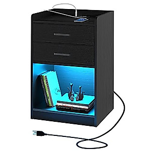 TOLEAD Nightstand with Charging Station and LED Lights, Modern End Side Table Bedside Table with 2 Drawers, Nightstand Storage Cabinet for Bedroom, Black