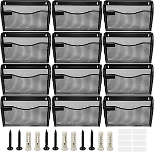 Tatuo 12 Pack Mesh Wall Mounted File Holder Hanging File Organizer Vertical Wall File Organizer Holder Rack for Office and Home, Black (with Label Panel)
