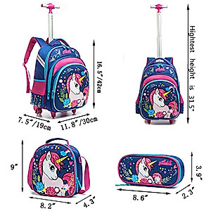 Meetbelify Girls Unicorn Rolling Backpacks Kids Backpack with Wheels for Girls School Bags with Lunch Box