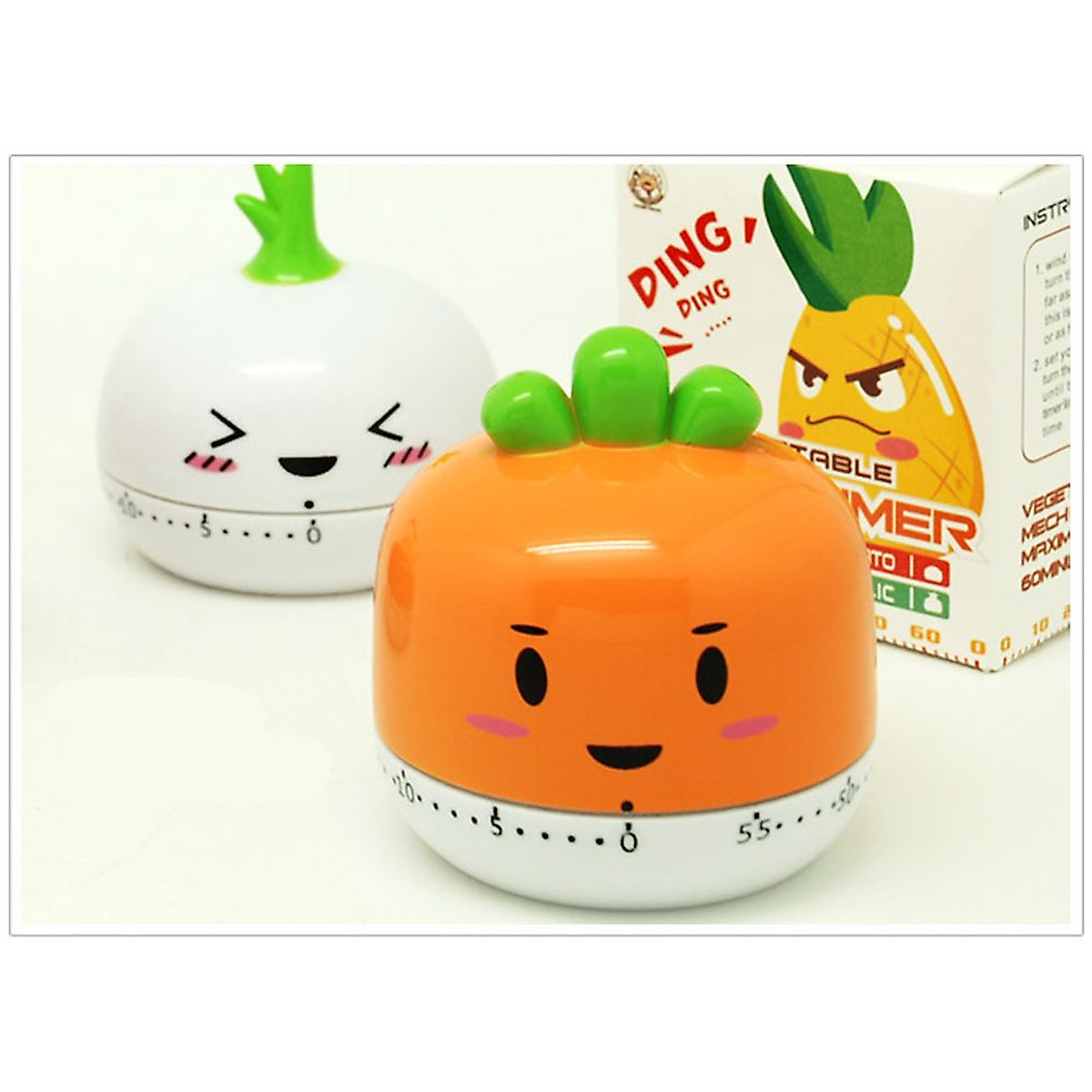 Golandstar Cute Cartoon Vegetables Timers 60 Minutes Mechanical Kitchen Cooking Timer Clock Loud Alarm Counters Mini Size Manual Timer (White - Onion)