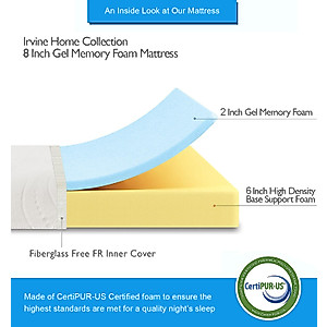 Irvine Home Collection Twin Size 8-Inch, Gel Memory Foam Mattress, Medium Firm Feel, Breathable, Cool Sleep and Pressure Relief, CertiPUR-US Certified, Temperature Balanced