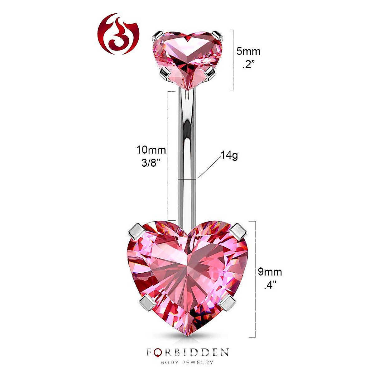 Forbidden Body Jewelry Surgical Steel Belly Button Ring with Heart CZ & Internally Threaded Matching Top, Pink