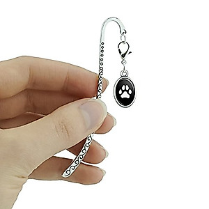 Paw Print Dog Cat White on Black Metal Bookmark Page Marker with Oval Charm