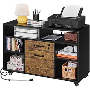 Yaheetech File Cabinet Filing Cabinets with Socket & USB Charging Port 2 Drawers Lateral Printer Stand for Letter Size A4 Size, Home Office Black/Rustic Brown