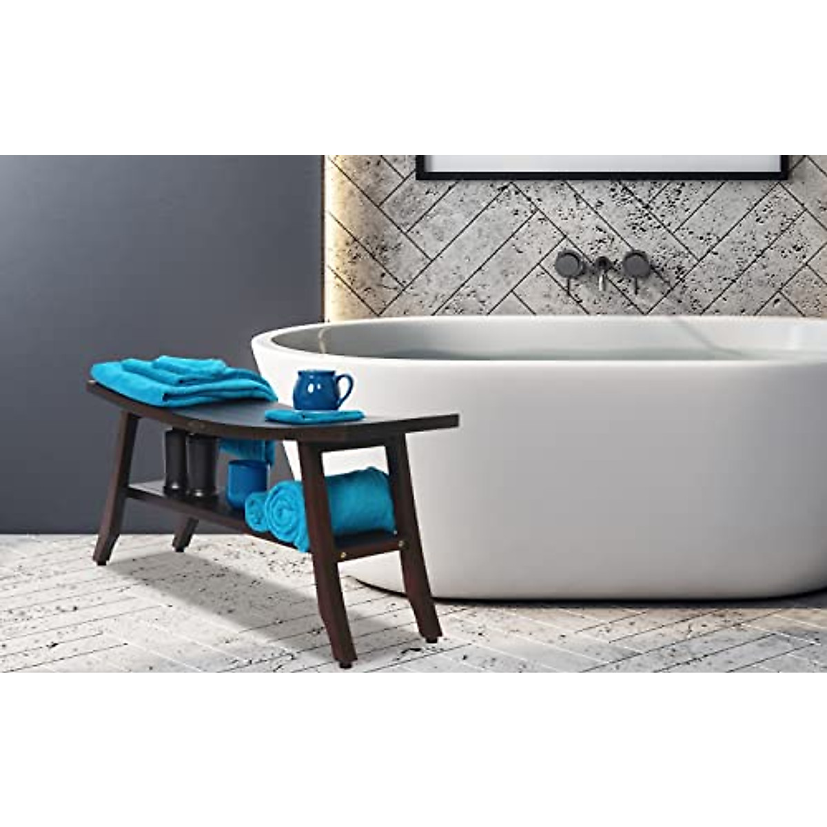 DecoTeak Satori Shower Bench Teak Wood Shower Stool with Curved Seat and Shelf 28″ Wide Wooden Seat Shower Stool in Woodland Brown Finish