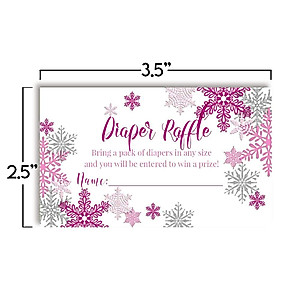 Pink and Silver Snowflake Diaper Raffle Tickets for Girl Baby Showers, 20 2" X 3” Double Sided Insert Cards for Games by AmandaCreation, Bring a Pack of Diapers to Win Favors & Prizes!