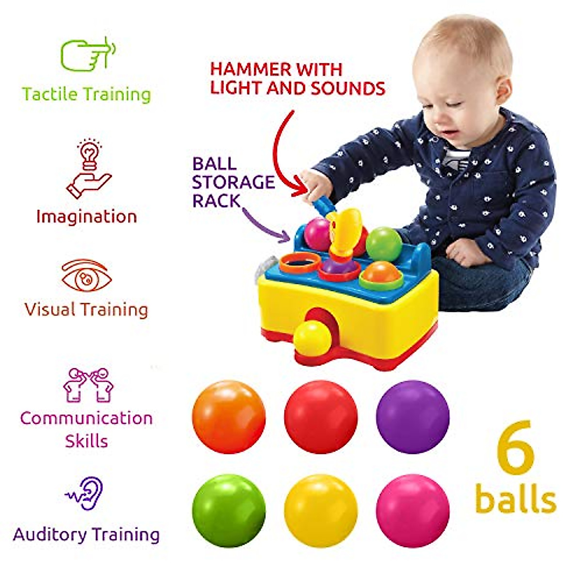 Bambiya Ball Popper Game with Hammer Toy –Baby Toy with Fun Lights and Sound Effects – Hours of Fun and Skills Development with This Baby Ball Toy for Kids 3+ Year Old