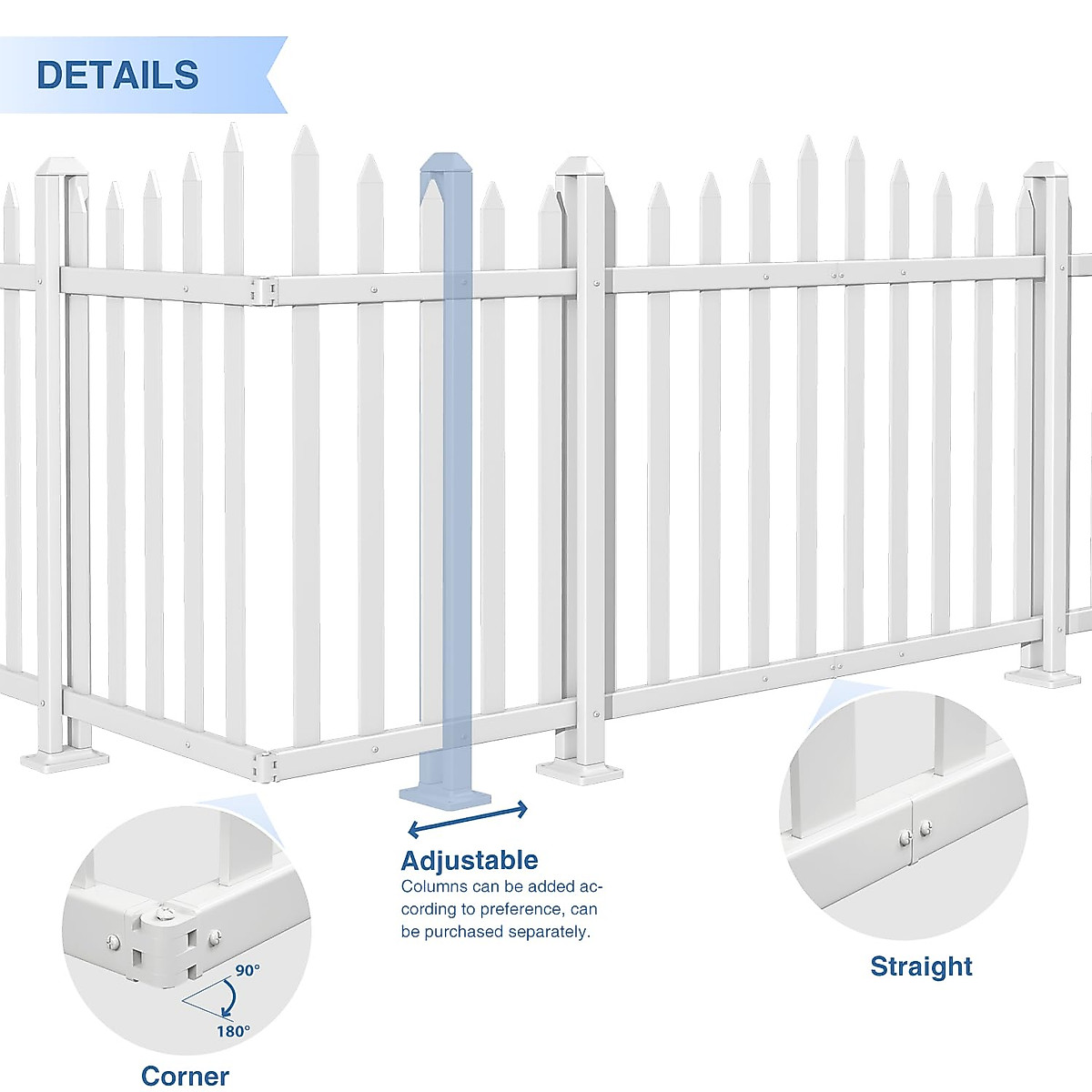 E&K 36"H x 84"W Vinyl White Picket Fence Panels Decorative Fencing for Front Porch Yard Garden Pool (20 Pickets, Scallop)