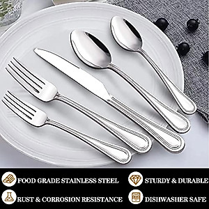 40-Piece Silverware Set, Paincco Stainless Steel Flatware Cutlery Set Service for 8, Pearled Edge Tableware Set Includes Knife Fork Spoon, Beading Utensil for Home Kitchen Restaurant, Dishwasher Safe