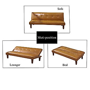 Audrey Living Futon Sofa Bed, Upholstered Modern Convertible Sleeper Sofa Couch Faux Leather for Small Living Room, Apartment, Dorm, Square Legs, 69”W (Tan)