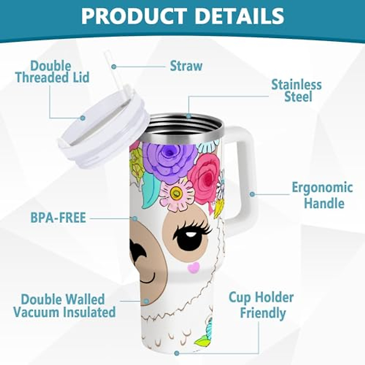ODAWA 30 Oz Llama Floral Stainless Steel Vacuum Insulated Tumbler with Straw and Handle