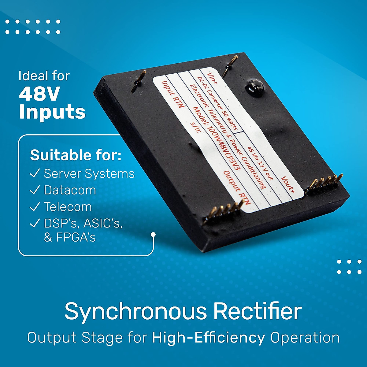 Telemetry - High-Efficiency DC-DC Isolated DC to DC Converter, 48V to 3.3V, 26A, Non-Latching, Overload Protection, High Reliability (2.8M Hours), Durable for Extreme Environments