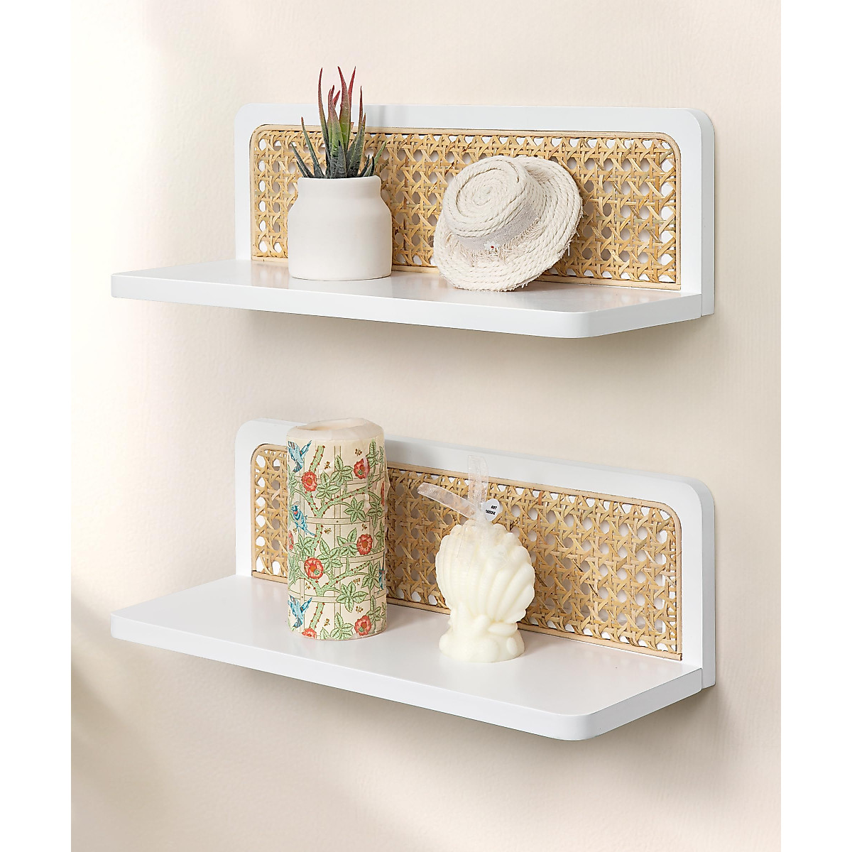 Maxpeuvon Rattan Floating Shelves, Boho Cane Webbing Wall Shelves Farmhouse Display Storage Organizer White Bookshelves Wicker Room Decor for Living Room Bedroom Entryway Hallway Bathroom, Set of 2