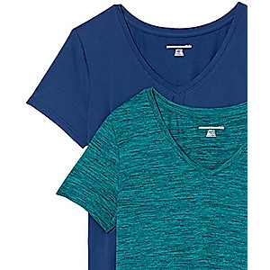 Amazon Essentials Women's Tech Stretch Short-Sleeve V-Neck T-Shirt (Available in Plus Size), Pack of 2, Navy/Teal Blue Space Dye, Large