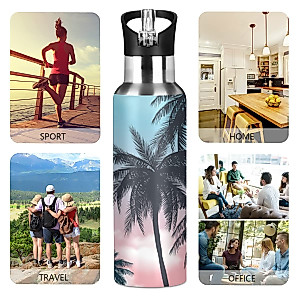 Yasala Water Bottle Palm Tree Pink Sky Coffee Thermos Stainless Steel Insulated Beverage Container 20 oz with Straw Lid BPA-Free for Sport, Travel, Camp