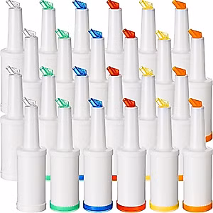24 Pack Bar Pour Colorful Juice Pouring Bottle Containers 34 oz Plastic Juice Dispensers in 6 Colors for Bar Home Kitchen Party Supplies