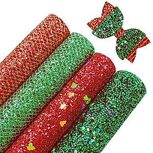Greatdiy Sparkly Christmas Faux Leather Sheets 8x12 inch Shiny Mixed Red and Green Tinsel Chunky Glitter Fabric for Bows Crafts (Red-Green)