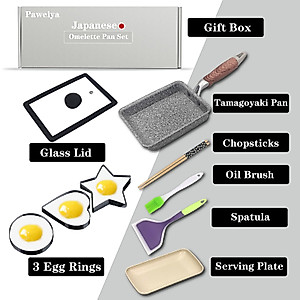 Paweiya Tamagoyaki Pan Set with Lid, Japanese Omelette Pan Nonstick, Square Japanese Egg Pan, Tamago Pan Rectangle, 5"×7" Grey