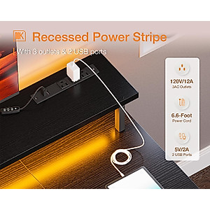 ODK 63 inch Computer Desk with Power Outlets & LED Lights, Gaming Desk with Monitor Stand & Storage Sheves, Home Office Desk, Black