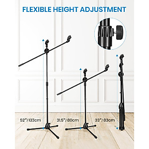 Moukey Microphone Stand, Tripod Boom Mic Stand with 2 Non-Slip Mic Clip Holders & 2 Foam Covers, Collapsible Adjustable Mic Stand for Singing, Karaoke, Stage and Outdoor Activities, Black, MMs-3