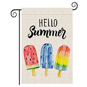 Roberly Hello Summer Garden Flag Double Sided Popsicles Ice Cream Red Blue Rainbow Vertical Banner for Outdoor Yard Summer Decorations Gifts(12.5" x 18")