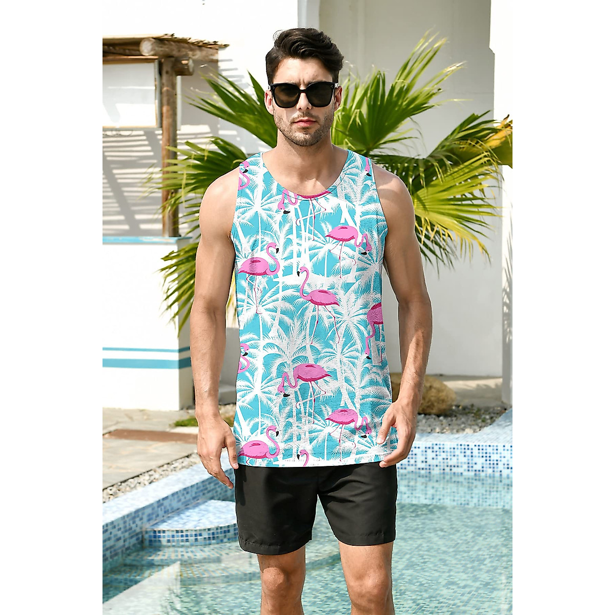 RAISEVERN Mens Flamingo Tank Top Sleeveless Palm Tree Tee Shirt Muscle Gym Workout Hawaiian Tropical Graphic Tops Summer Holiday Beach Rave T-Shirt Pink