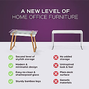 bonVIVO Massimo Small Desk - 43 Inch, Modern Computer Desk for Small Spaces, Living Room, Office and Bedroom - Study Table w/Glass Top and Shelf Space - White