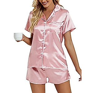 Vrtige Women's Satin Pajamas Set Short Sleeve Button Down Shirt With Shorts PJs Set Loungewear Baby Pink Medium