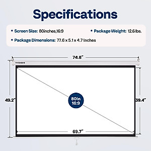 VIVOHOME Projector Screen Pull Down, 16:9 80 Inch Retractable Projection Screen, HD 4K Manual Pull Movie Screen for Home Theater, Cinema, Office (70x40 Inch White)