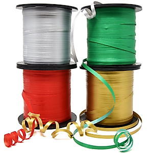 Gift Boutique Christmas Curling Ribbon Pack of 4 Rolls Green, Red Gold & Silver; Holiday Party Crafts Supplies Decorations- 350 Yards per Roll – Total of 4200 Feet 5 mm Ribbon