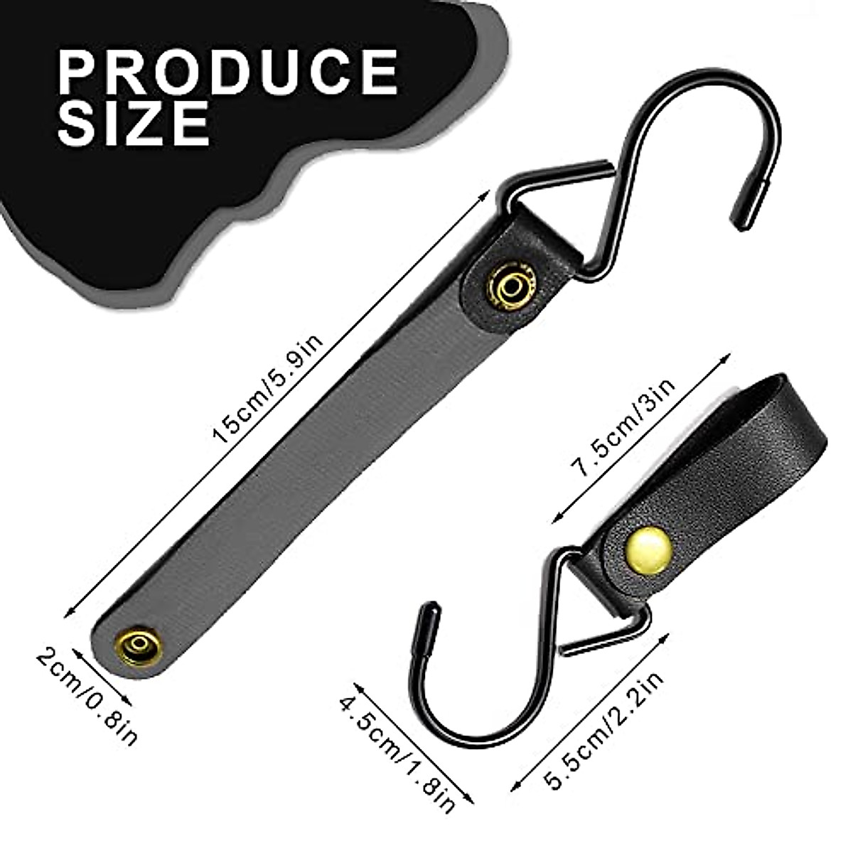 Modixun 8pcs Leather S-Hooks, Metal S Shaped Hooks for Hanging, Camping Hook Hanger Stroller Hooks, Leather Hooks for Coat Towel Kitchen Bathroom, Black