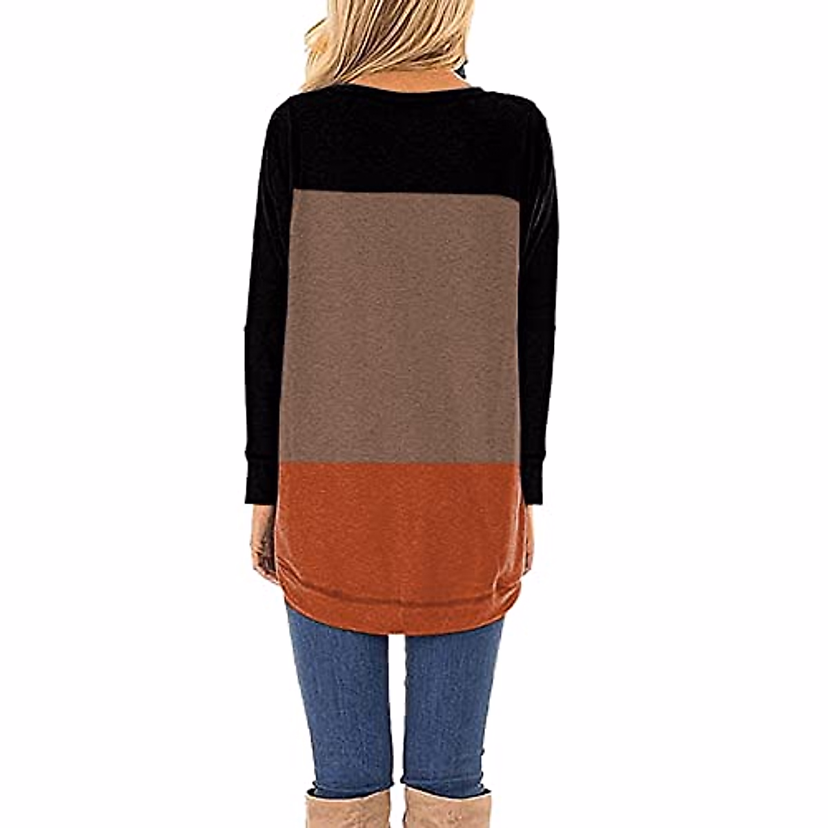 TEMOFON Women's Tops Long Sleeve Color Block Top Casual Loose Crew Neck Soft Blouse Tunic T-Shirts Khaki Block M