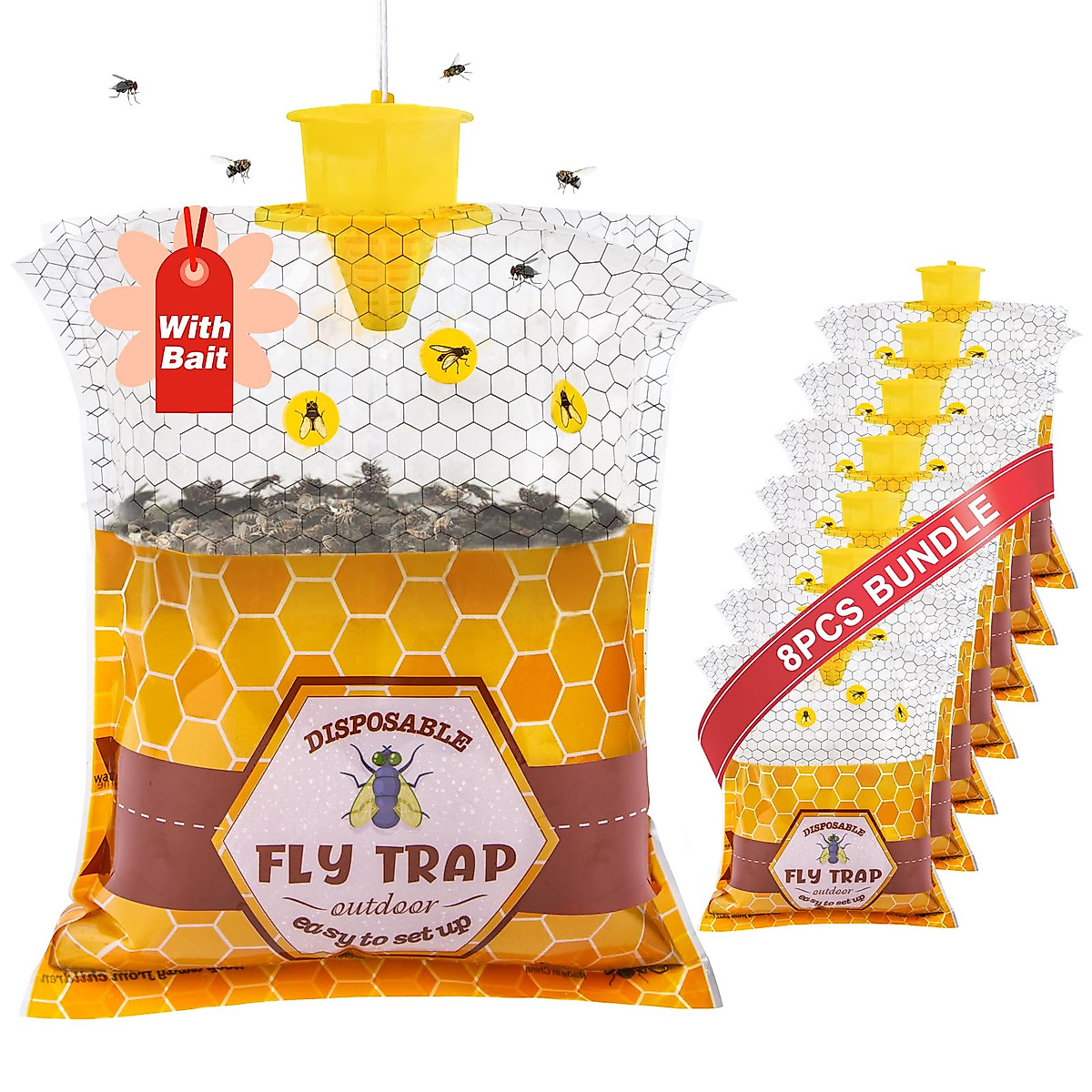 Big Fly Traps Outdoor Hanging, 8 Natural Pre-Baited Fly Bag Outdoor Disposable, Fly Hunter Stable Horse Ranch Fly Trap, Fly Catcher Killer Repellent Control for Mosquito Bug Barn Farm Patio & Camping
