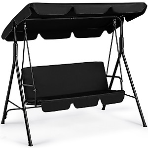 Yaheetech 3-Seat Patio Swing Chair, Outdoor Canopy Swing Porch Swing with Adjustable Canopy & Removable Cushion, Hanging Swing Glider Lounge Chair for Patio, Garden, Yard, Porch - Black