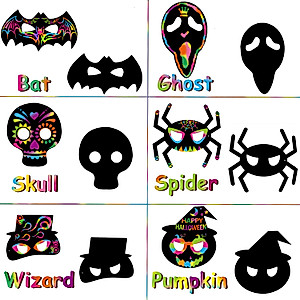 24 Pack Magic Scratch Paper Art Masks Set for Kids Rainbow Painting DIY Crafts Black Supplies Coloring Kits for Halloween Birthday Party Favors Creative Gift Bat Pumpkin Spider Wizard Hat Skull Ghost